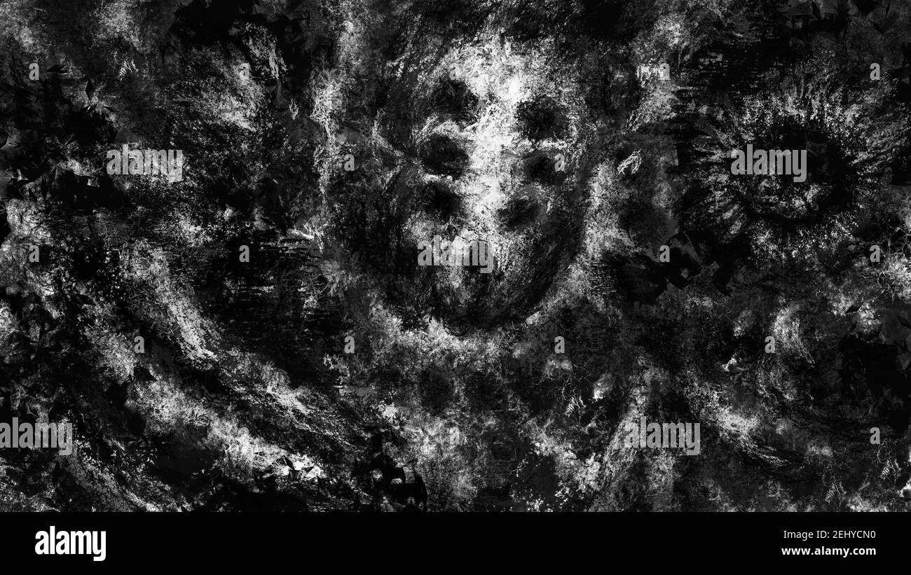 Dark alien skull of corpse. Black and white illustration in sci-fi ...