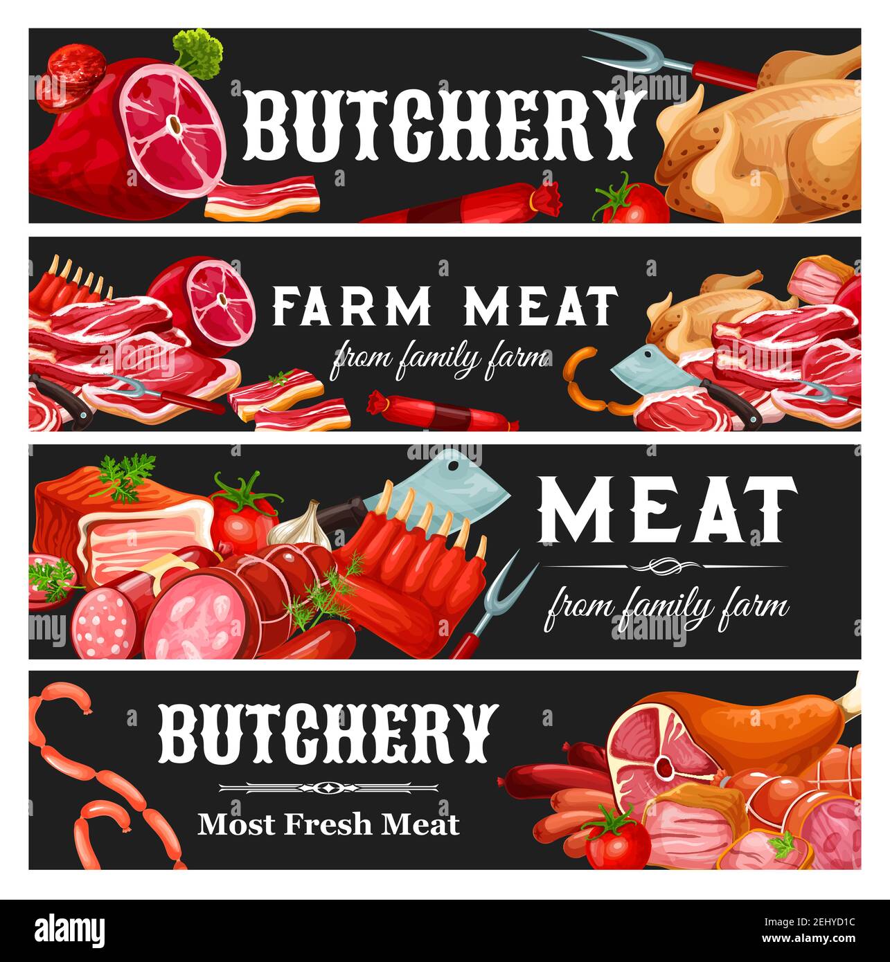 Meat products and sausages, butchery shop banners. Vector farm grocery ...