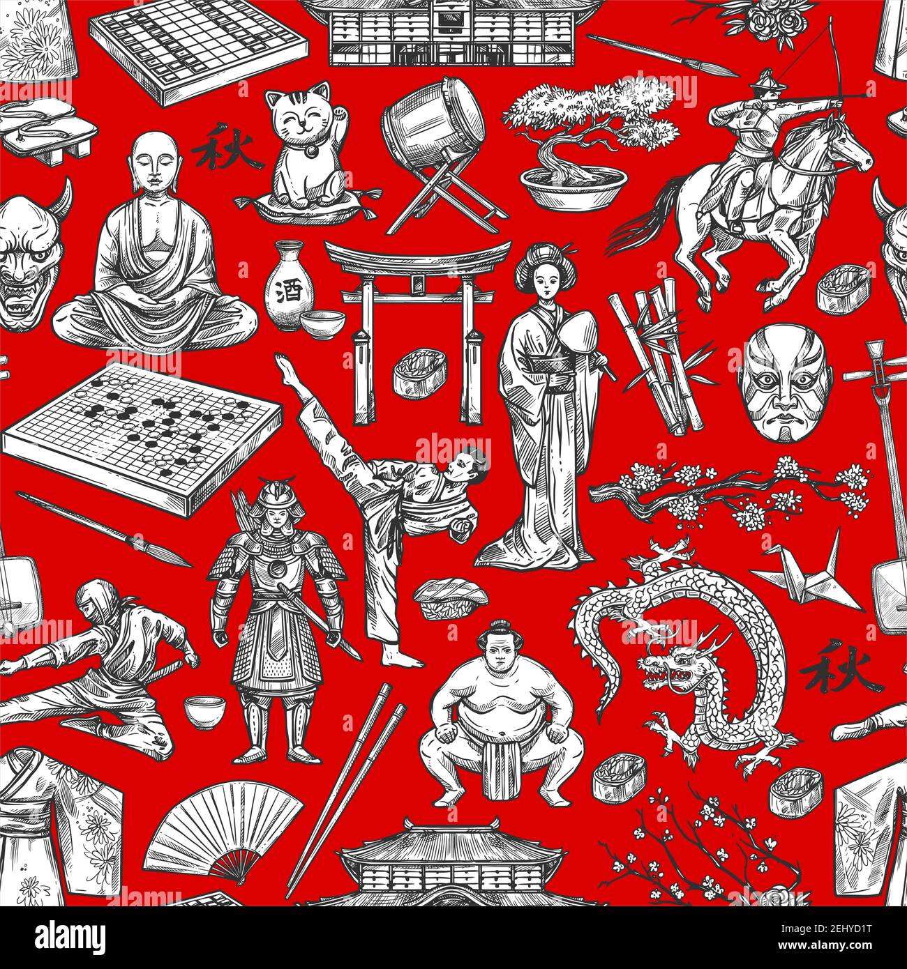 Japan history and traditional culture items seamless pattern. Vector ...