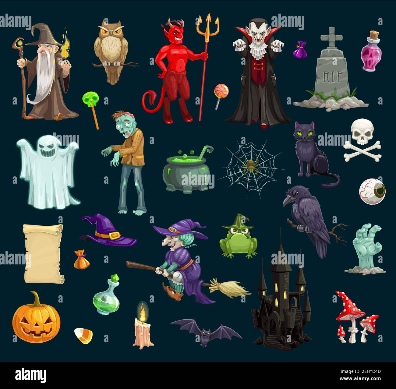 Halloween holiday scary and evil vector characters, objects. Wizard and ...