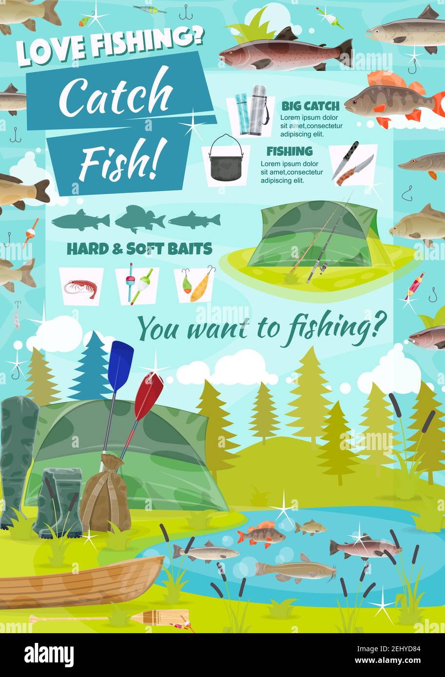 Fishing adventure or sport hobby and fish catching at lake or river ...