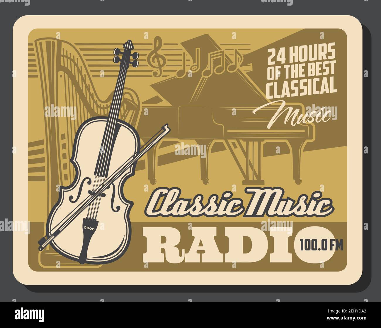 Classic music radio retro vector poster with musical instruments and ...