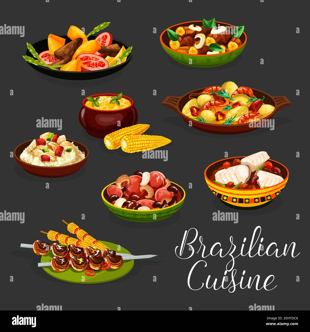 Brazilian cuisine meat dishes with vegetables. Vector bean sausage stew ...