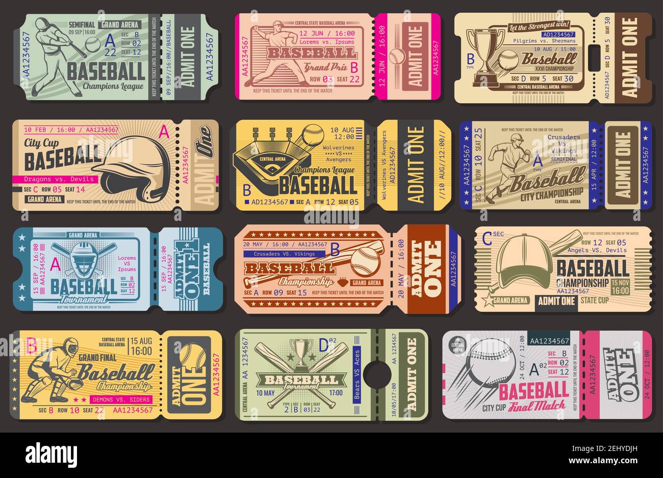 Baseball championship retro admission tickets. Sport item and sportsman ...