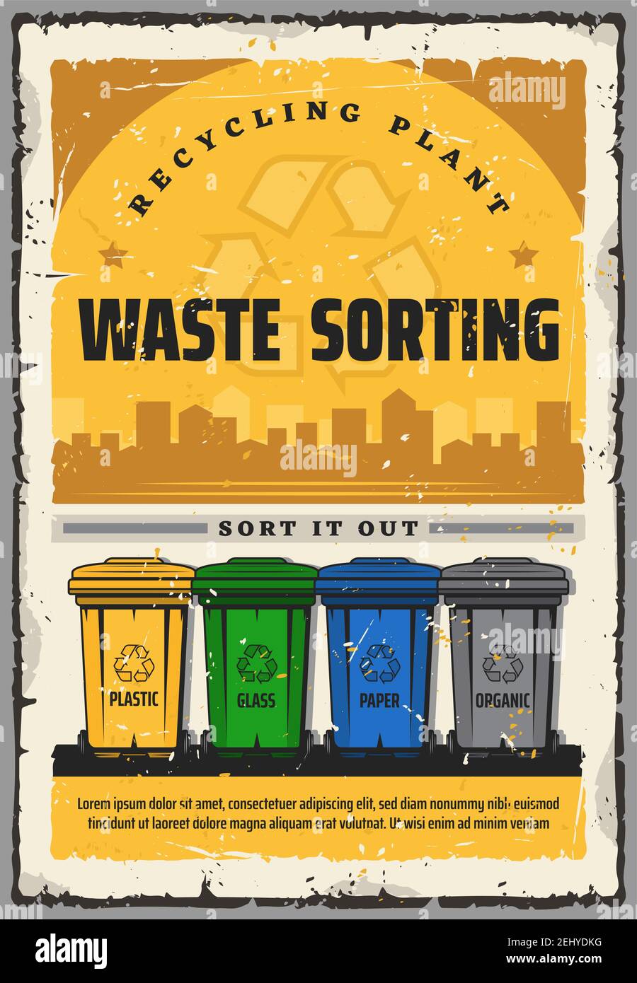Waste sorting recycling plant vintage poster. Vector Waste segregation ...