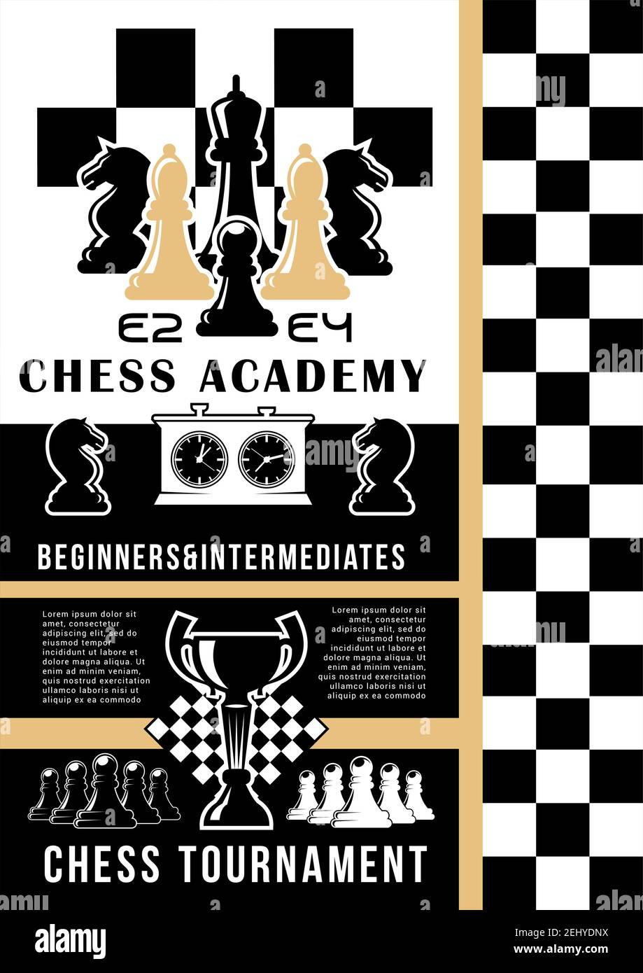 Chess academy, game teaching, game pieces. Vector chessboard and trophy ...