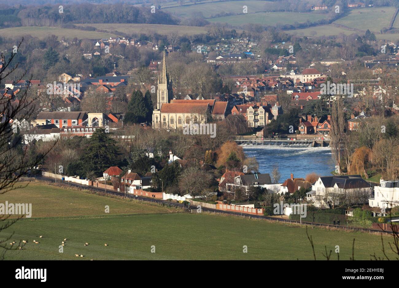 An English Landscape with the riverside of town of Marlow on Thames ...