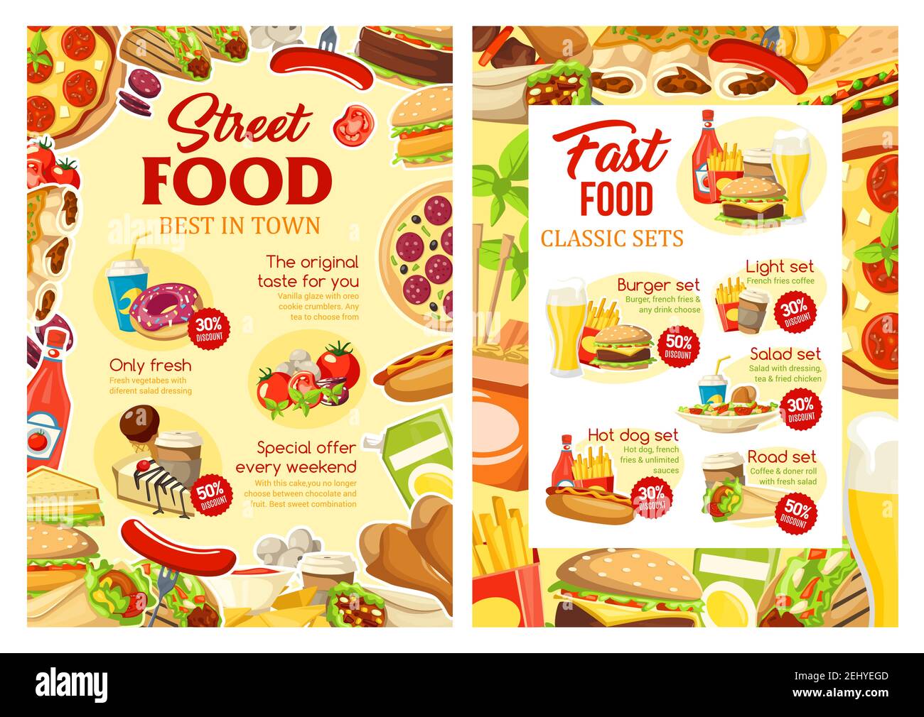 Fast food cafe menu, street food hot dogs and burgers. Vector fastfood ...