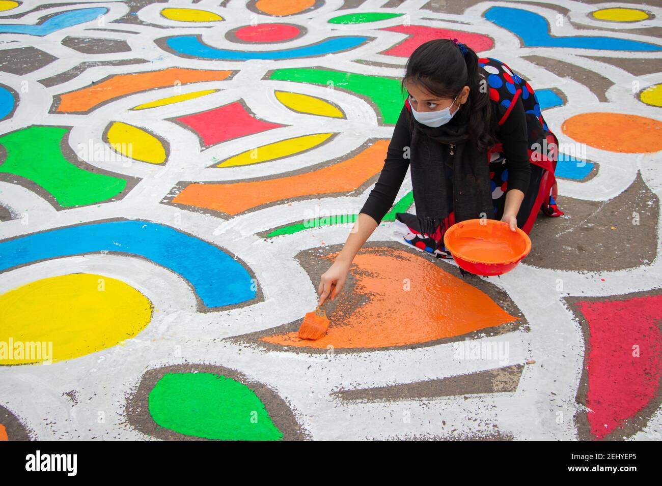 Narayanganj, Bangladesh. 20th Feb, 2021. General students make "Alpana ...