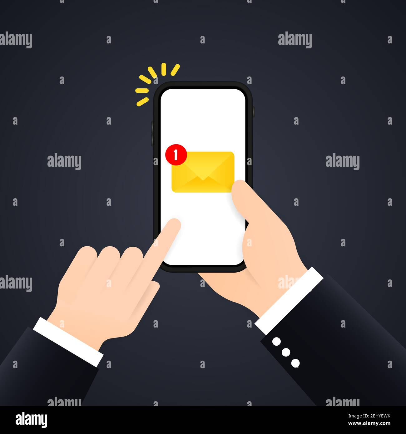 New email notification on mobile phone, smartphone screen. Hand holds a ...