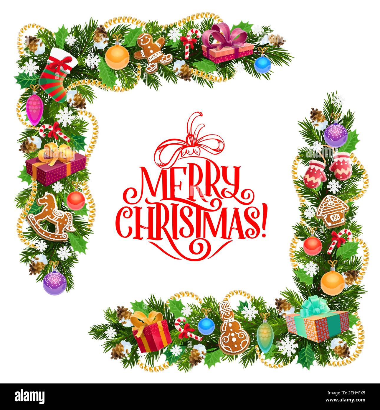 Christmas corner frame of Xmas tree and holly garland, vector design ...