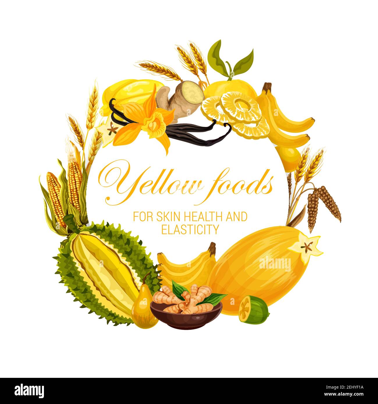 Yellow food nutrition, color diet healthy fruits, cereals and spices ...