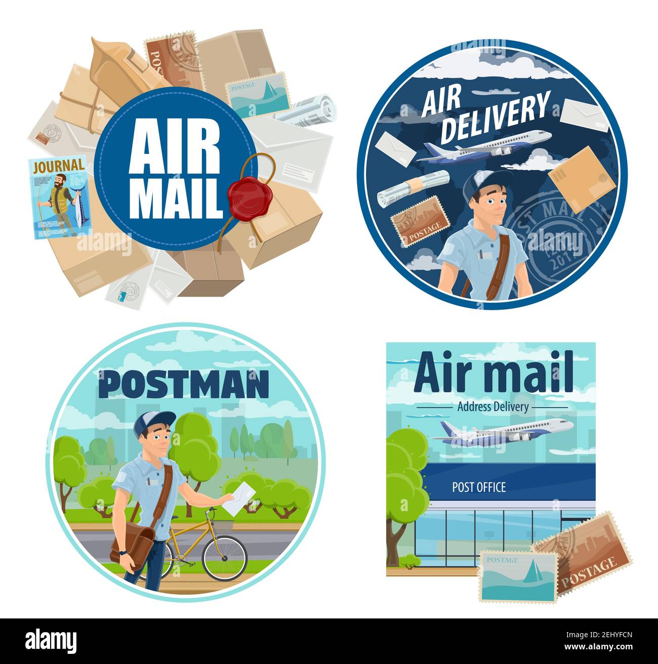 Mail delivery, postman with correspondence and parcels. Vector post ...