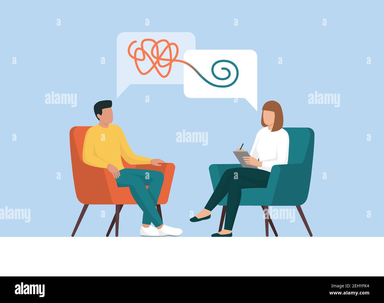 Therapist and patient talking together, she is helping him to cope with ...