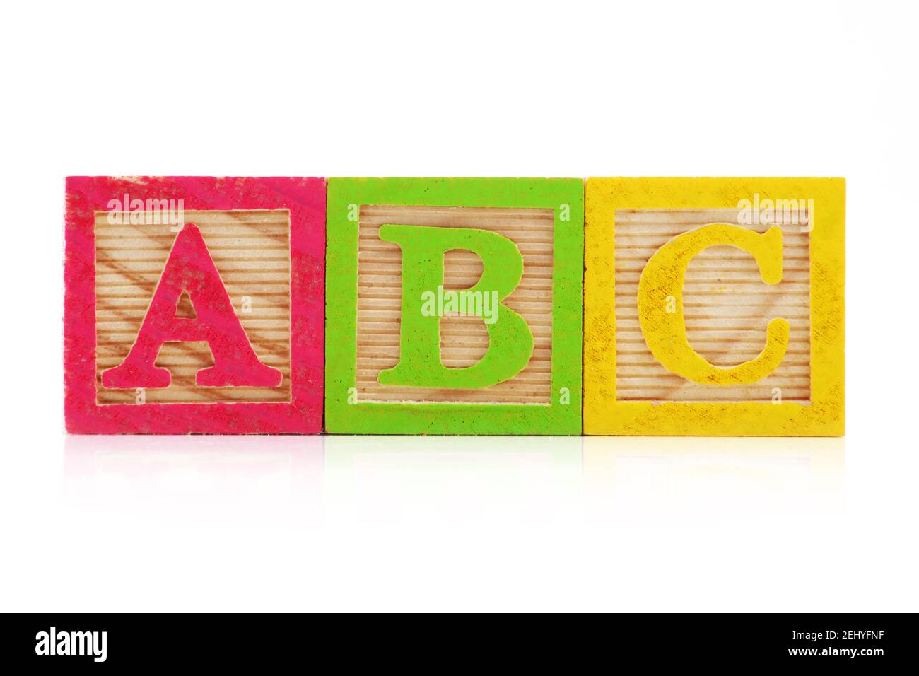 Front view of A B C wood blocks on white background with reflection ...