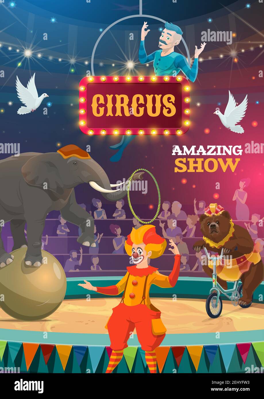 Circus show poster of bear on bicycle, elephant balancing on balloon ...