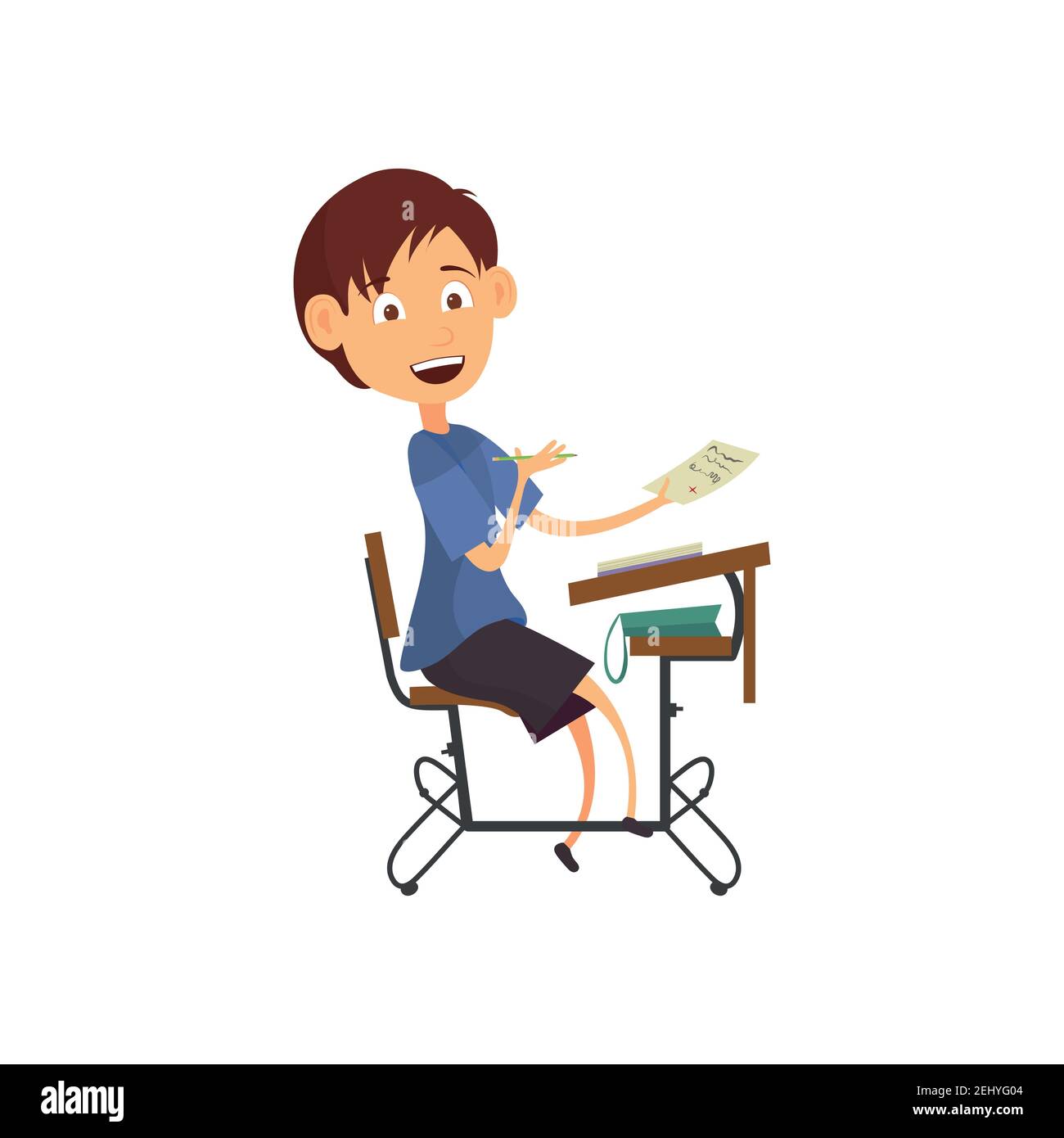 Vector illustration of a schoolboy sitting at the table on a white ...