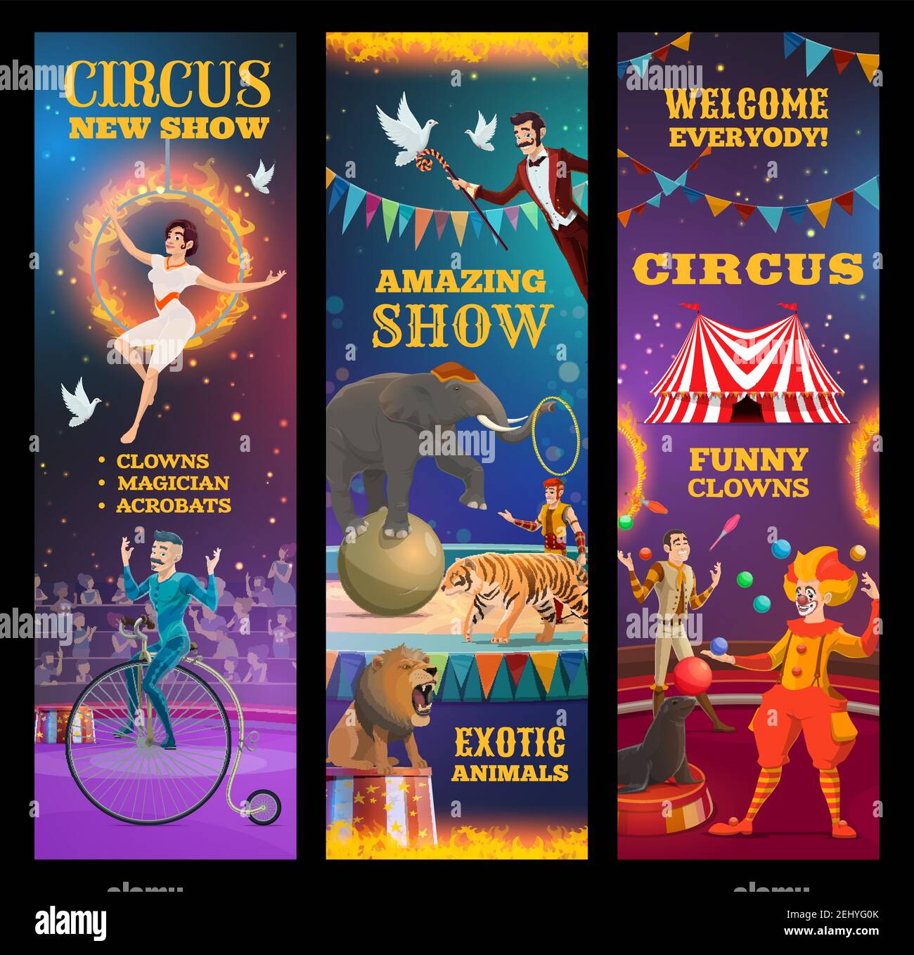 Circus show, vector invitation to amazing performance of clown, trained ...