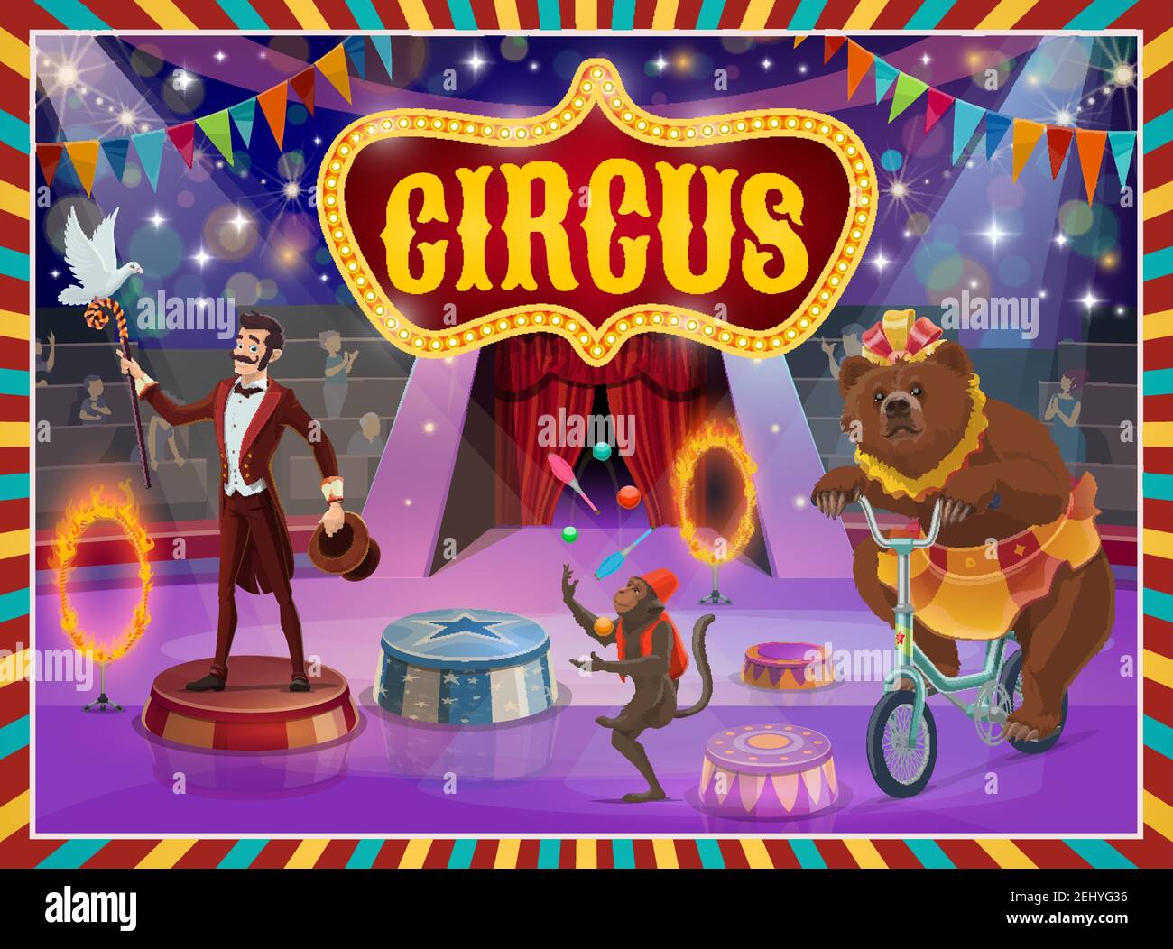 Circus show vector poster, trick illusionist, animal tamer and acrobats ...