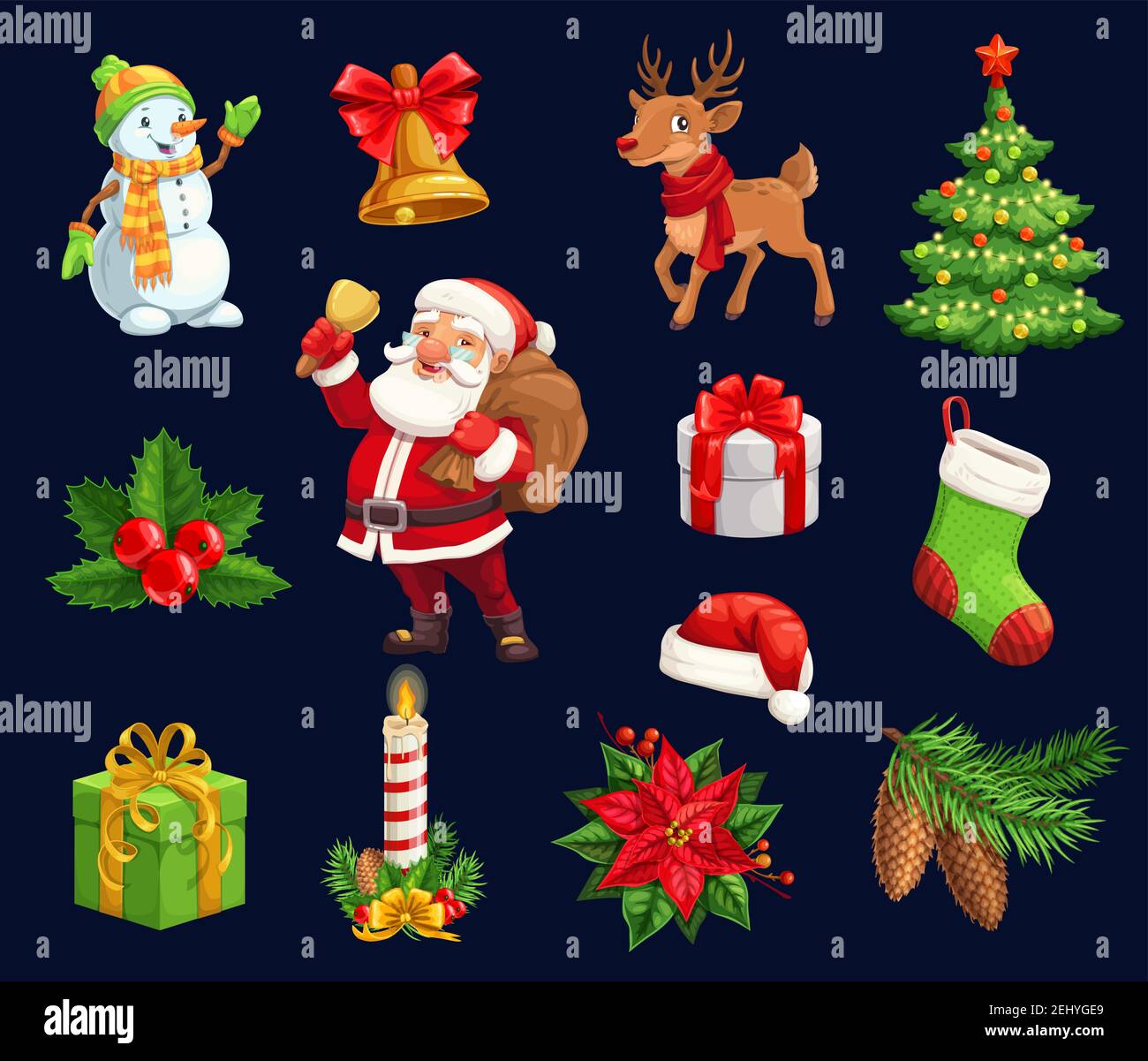 Christmas holiday icons, characters. Vector isolated cartoon pine tree ...