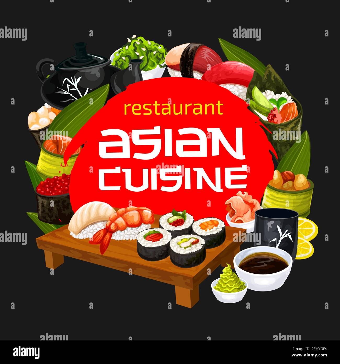 Japanese sushi restaurant menu of bento lunch with sushi rolls, wasabi ...