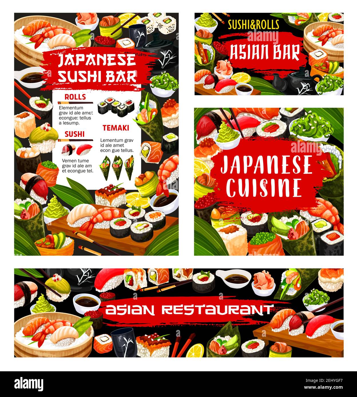 Japanese sushi bar menu, Asian seafood cuisine restaurant food banner ...