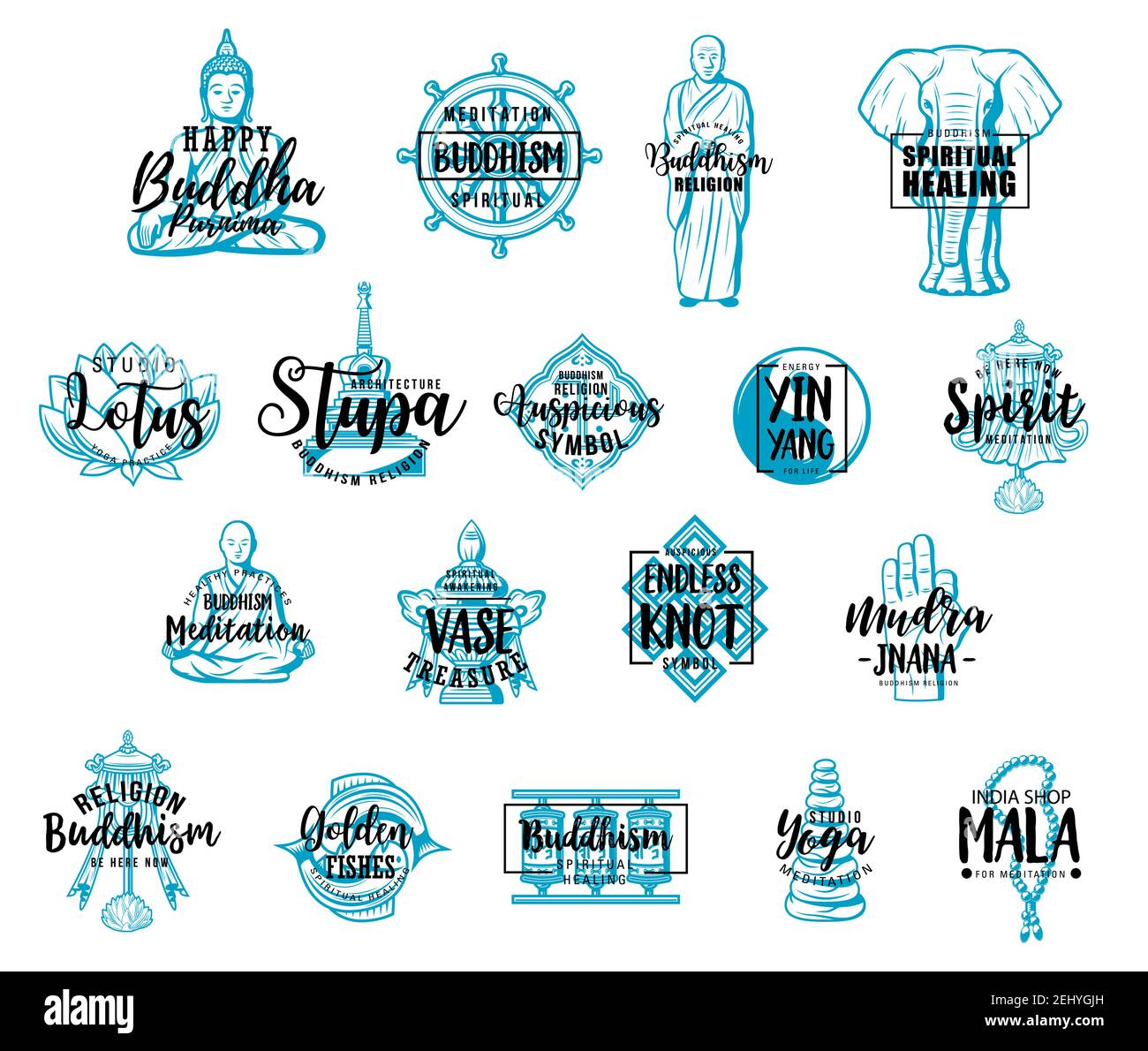 Buddhism religion lettering signs and sketch icons. Vector Buddhist ...