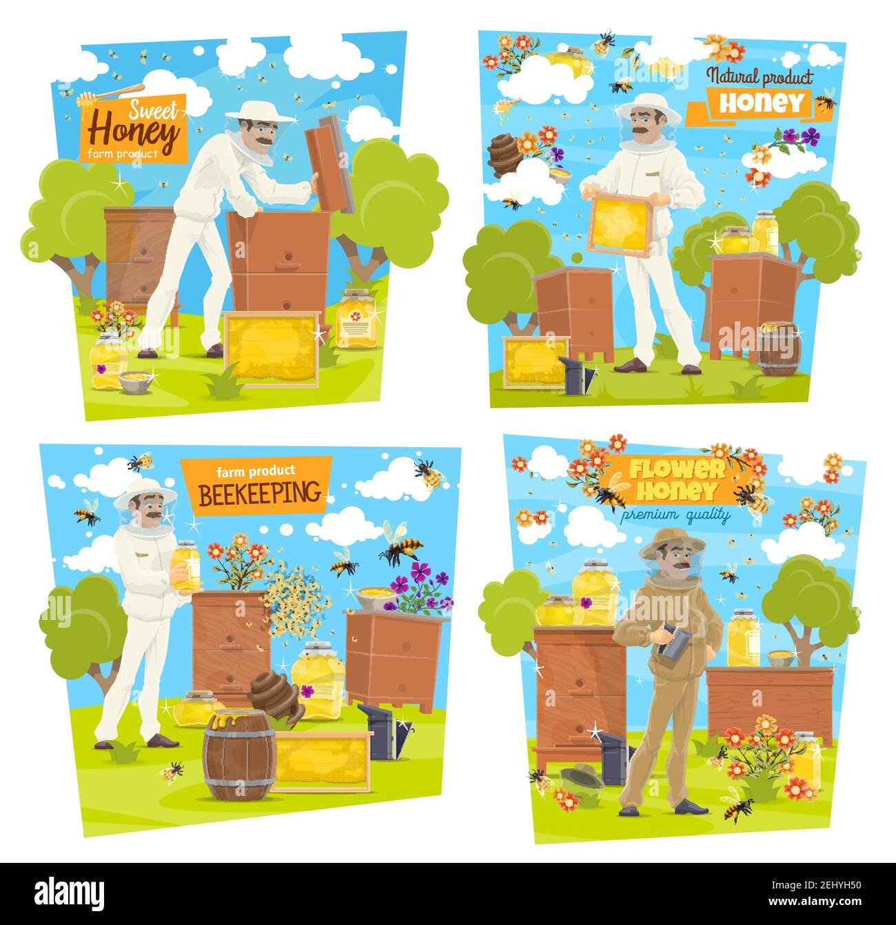 Honey bee farm with beekeeper, honeycomb frame and apiary beehive ...