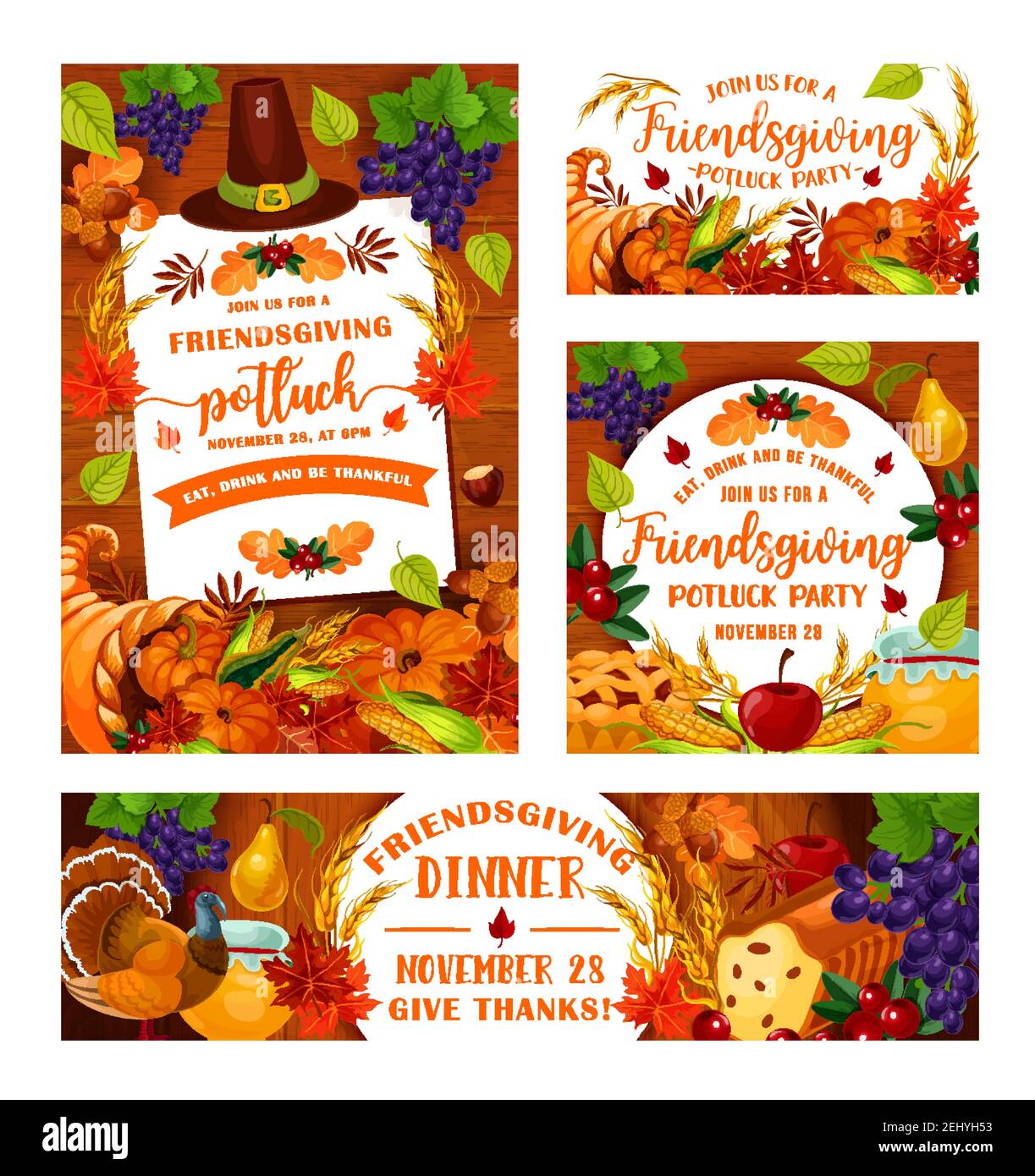 Friendsgiving potluck dinner party of Thanksgiving holiday. Vector ...