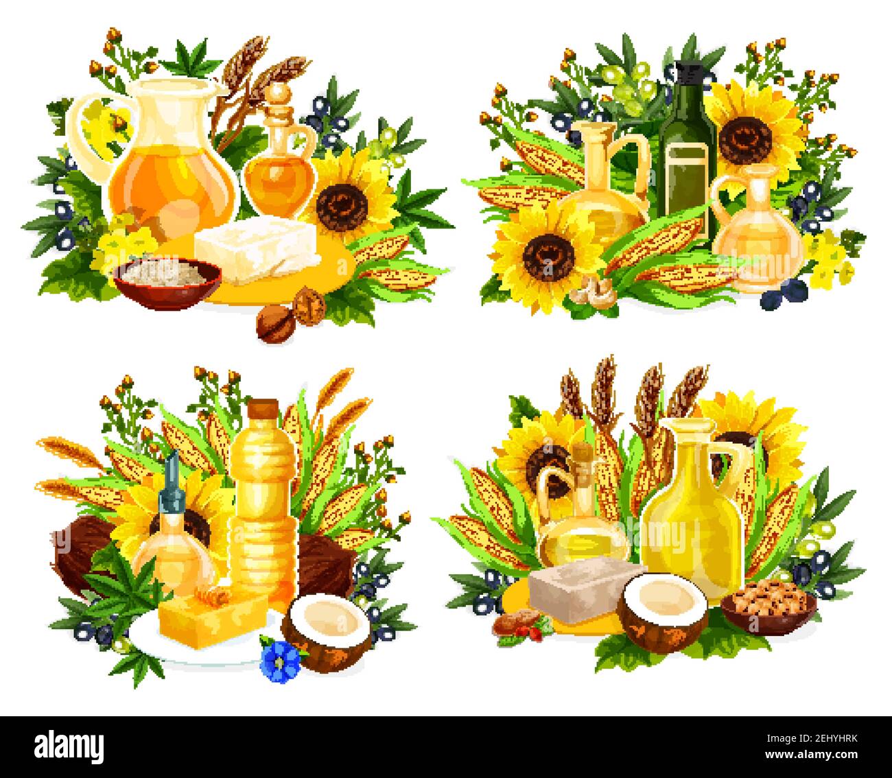 Cooking oil bottles and jars vector icons with vegetable ingredients ...