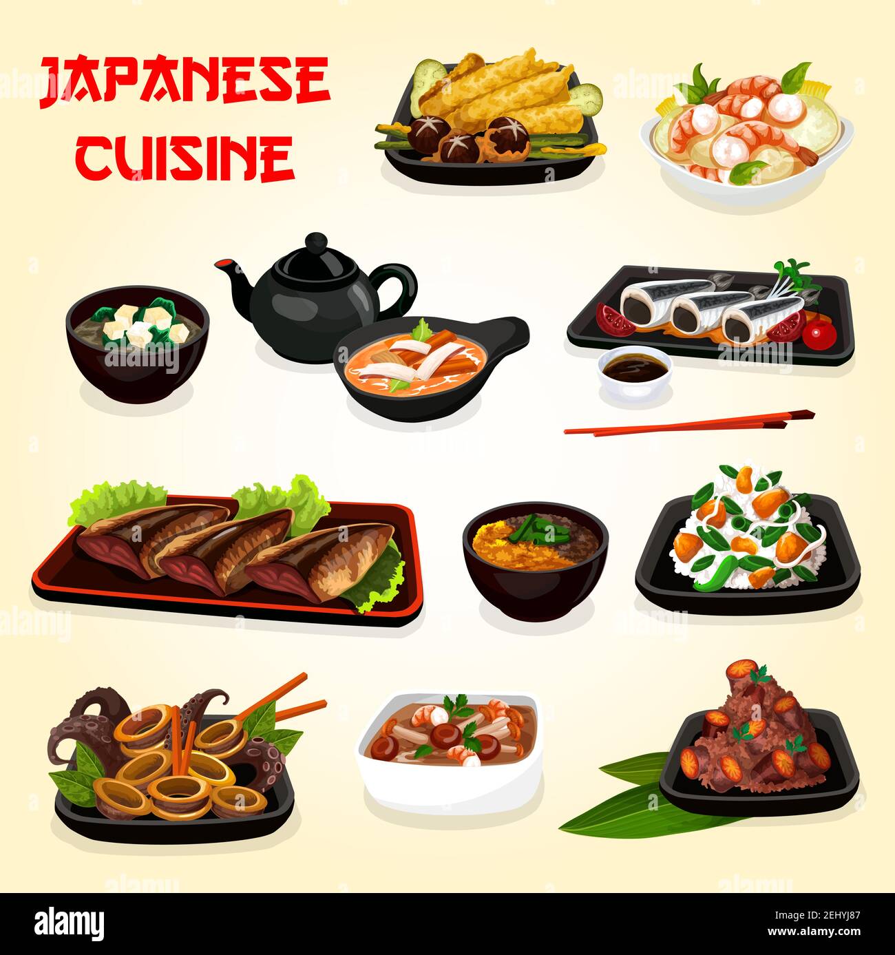 Japanese cuisine seafood and vegetable dishes with asian soy sauce ...