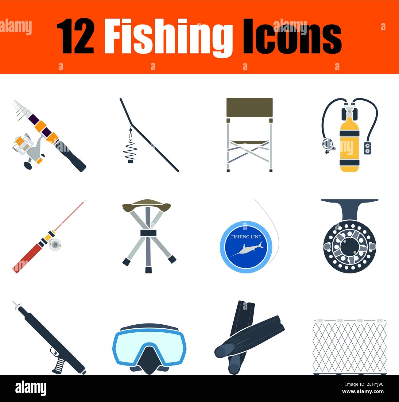 Fishing Icon Set. Flat Design. Fully editable vector illustration. Text ...