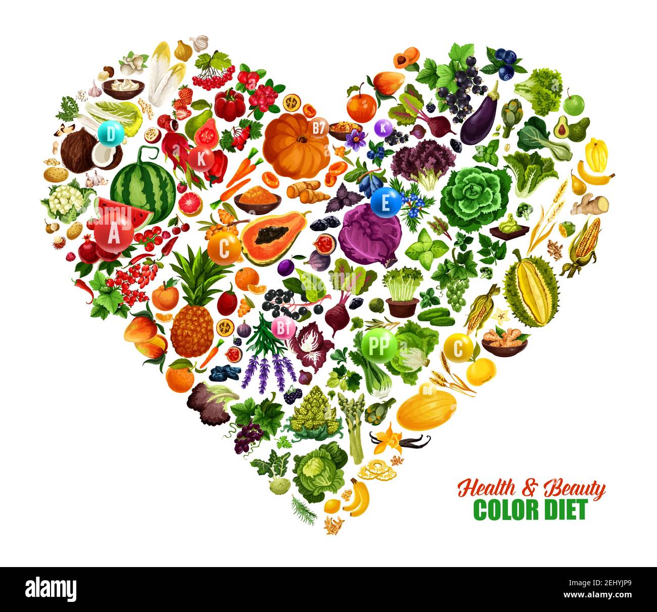 Color diet heart poster of fruits, vegetables and nuts healthy food and ...