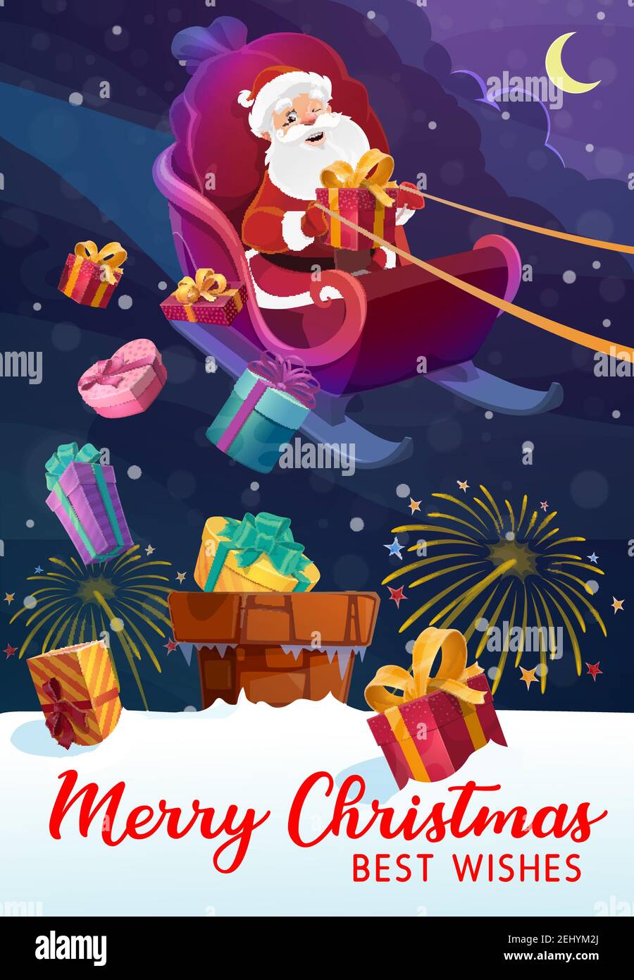 Santa Claus on sleigh, bag or sack full of Christmas presents, Xmas ...