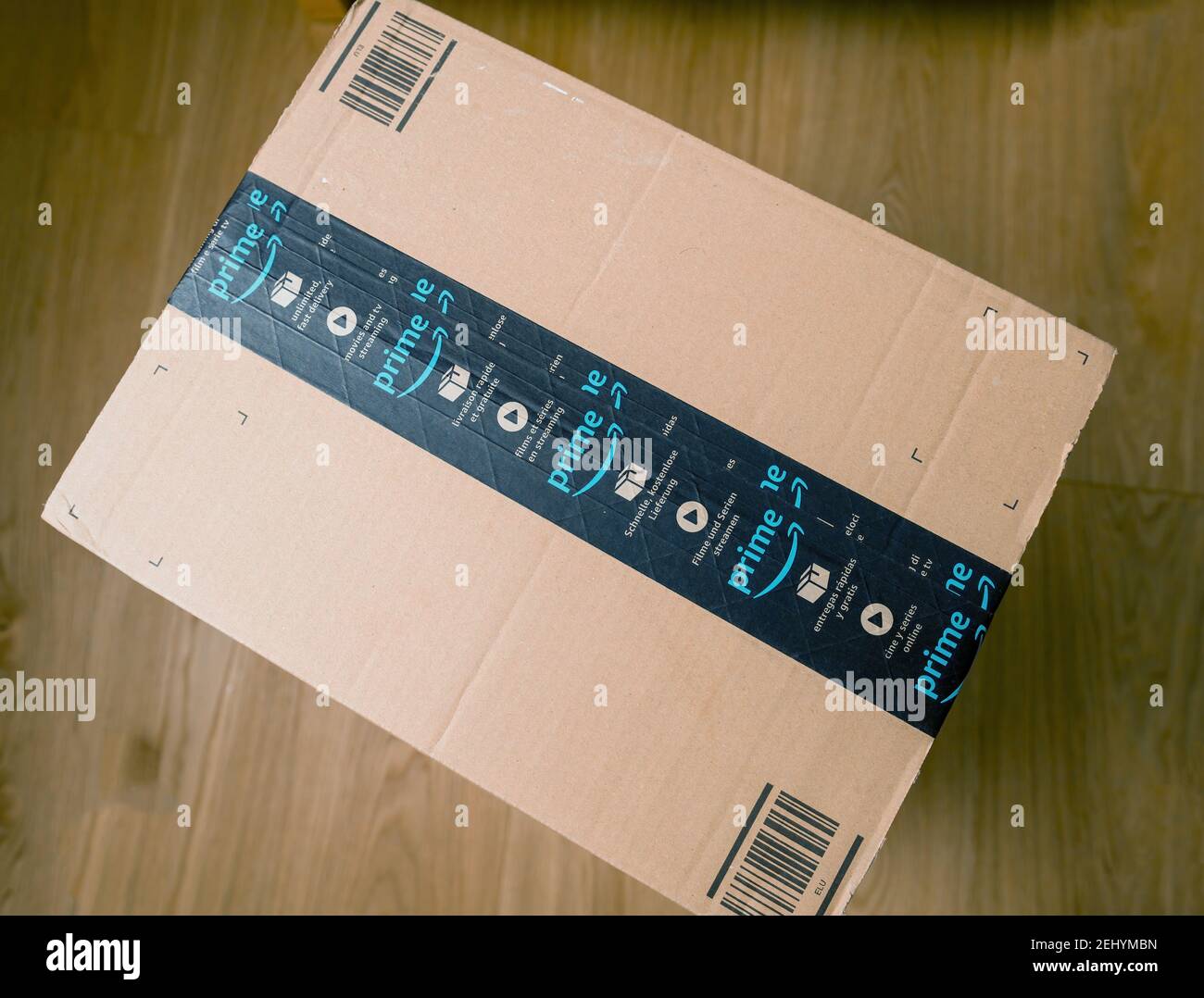 PAris, France- Jan 23, 2021: View from above of Amazon Prime cardboard ...