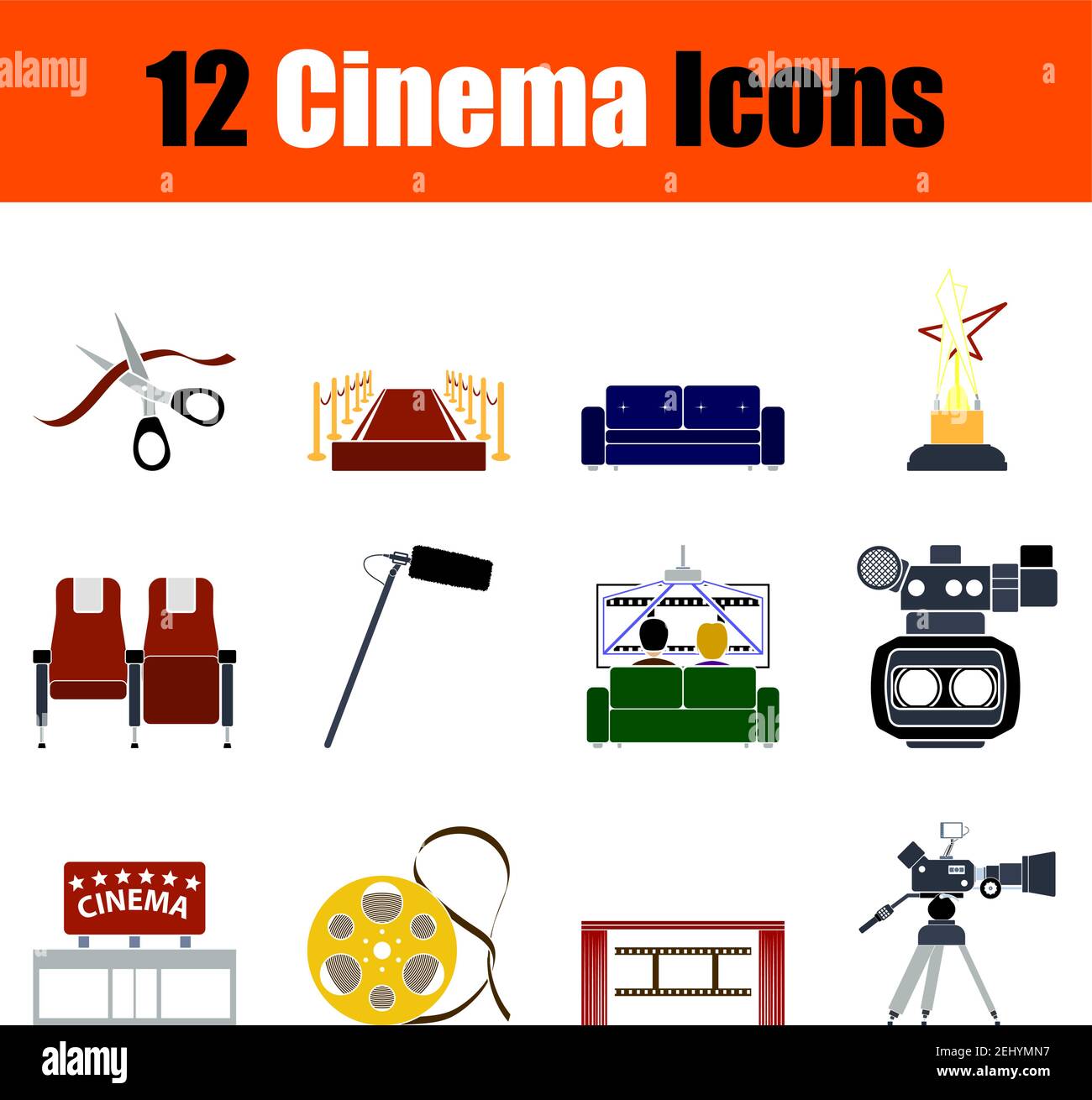 Cinema Icon Set. Flat Design. Fully editable vector illustration. Text ...
