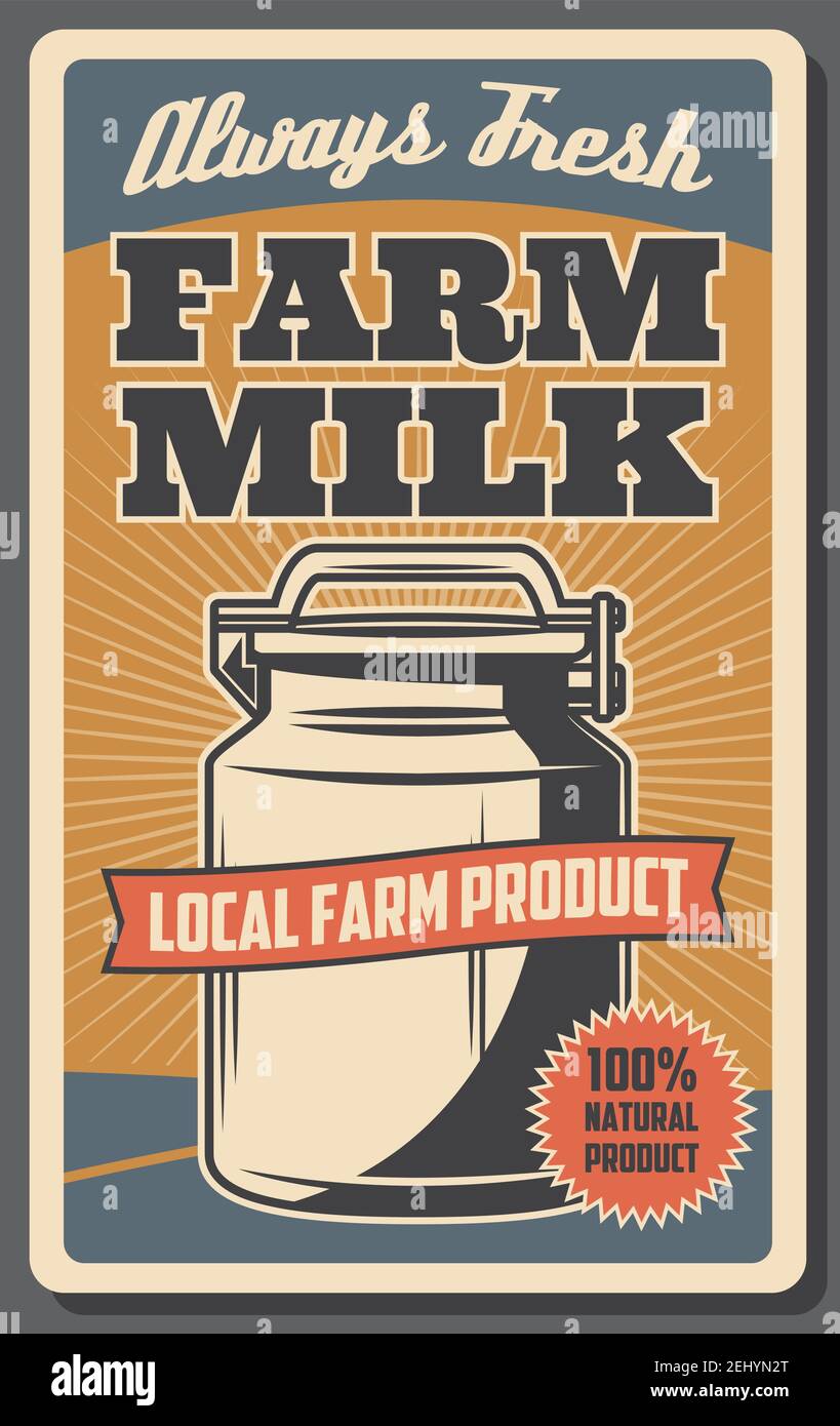 Milk can of dairy farm retro poster. Milk from grass fed cows, natural ...