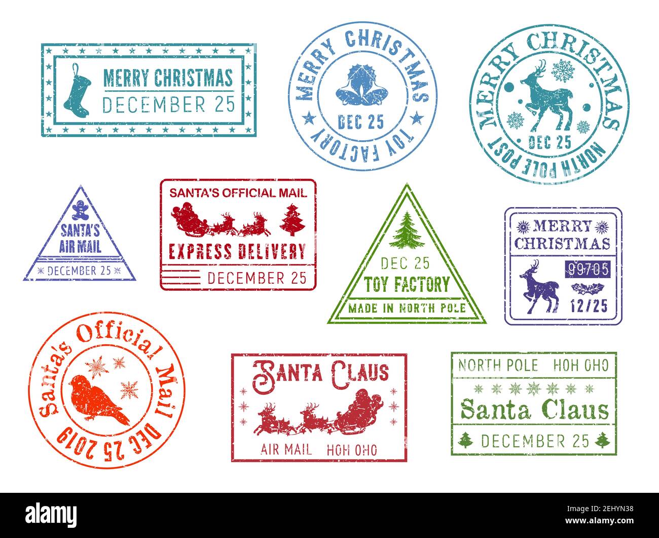 Santa Claus mail stamps. Vector deer and snowflakes, gingerbread man ...