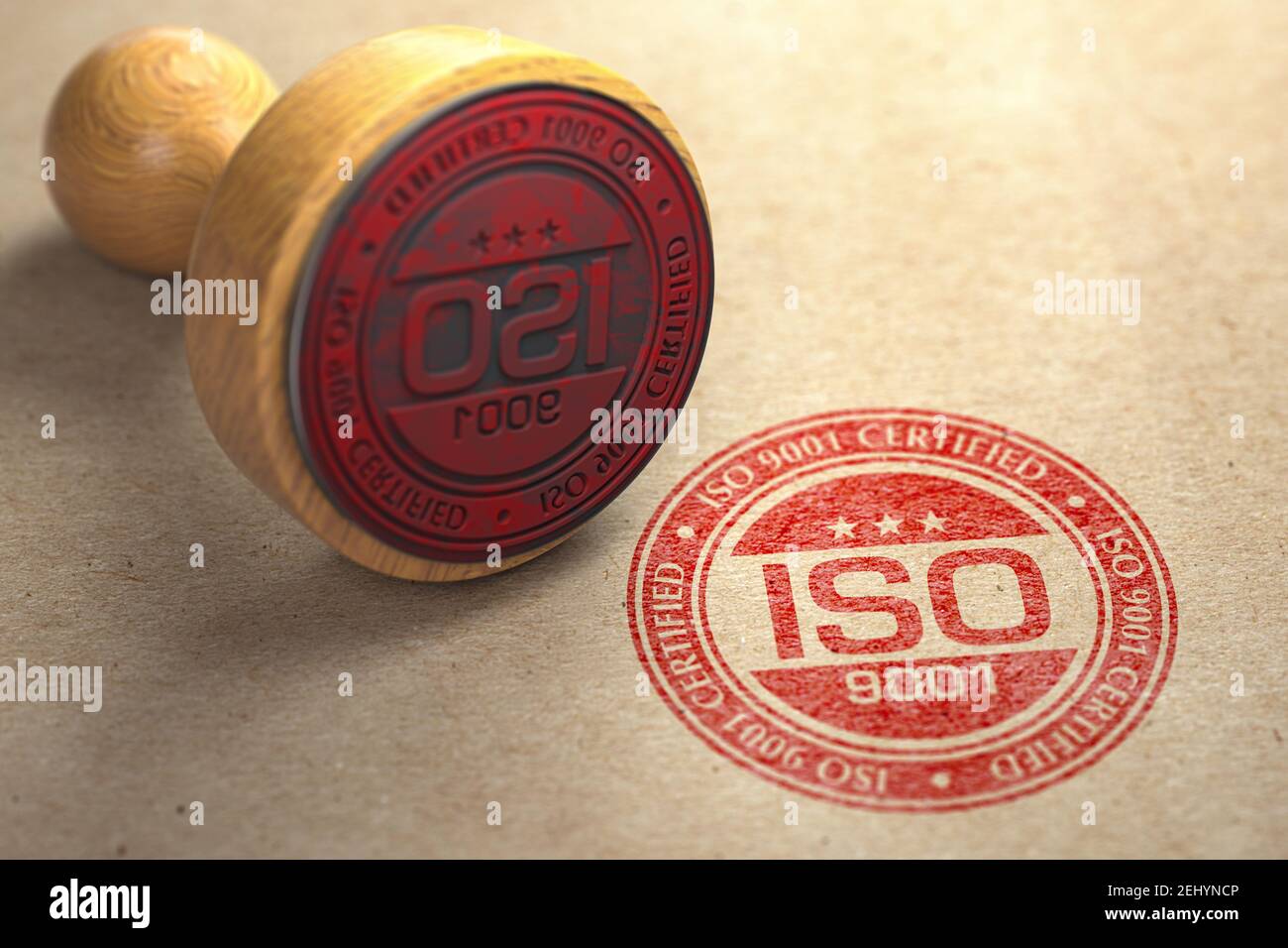 ISO 9001 certified concept. Rubber stamp with the text ISO 9001 on craft paper background ...
