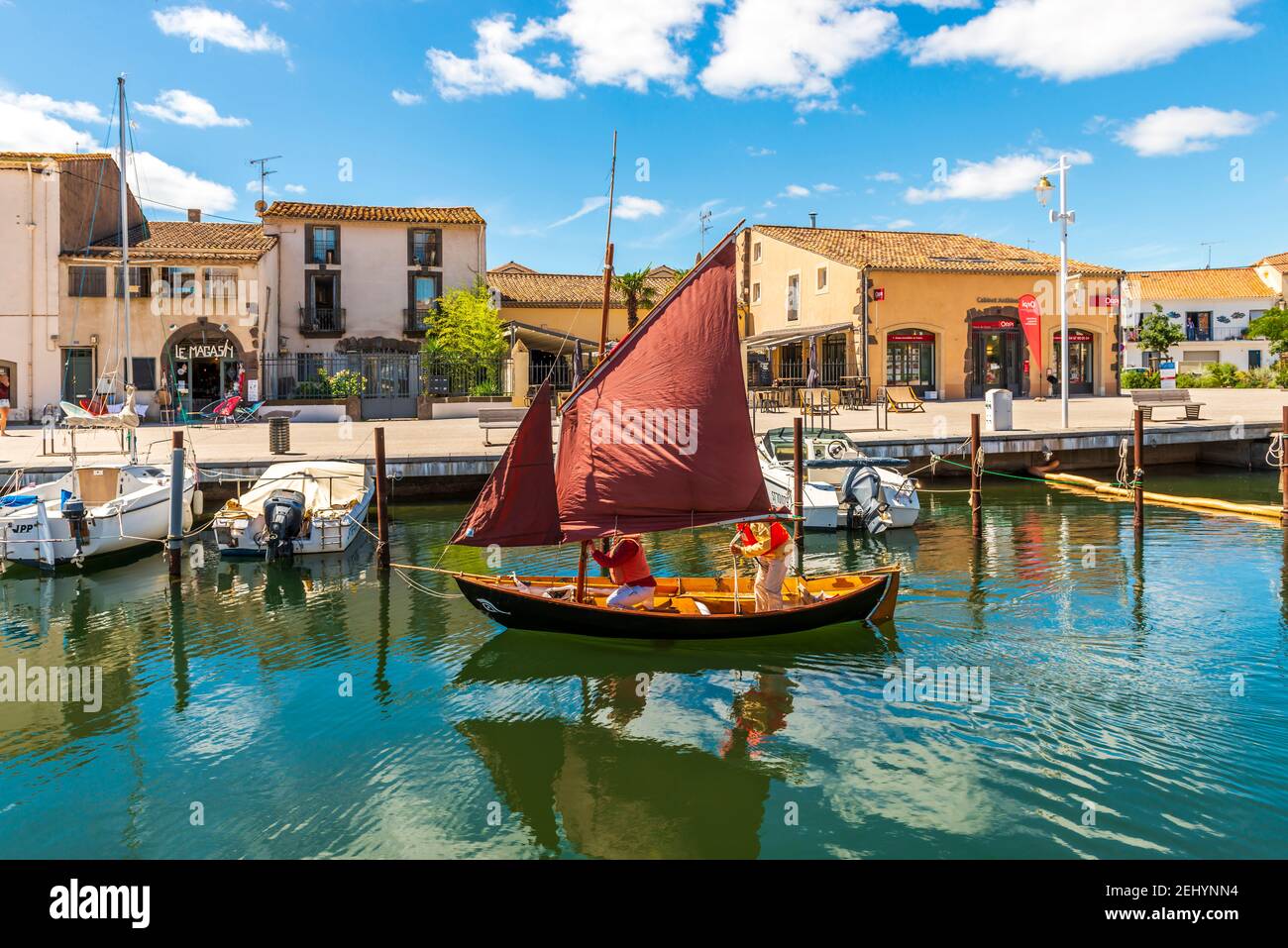 Boats in the small port of Marseillan in summer in the Hérault in ...