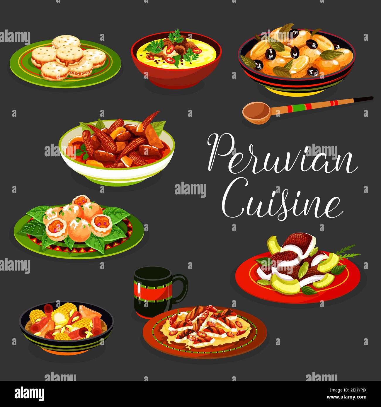 Peruvian meat and seafood dishes with vegetables vector design ...
