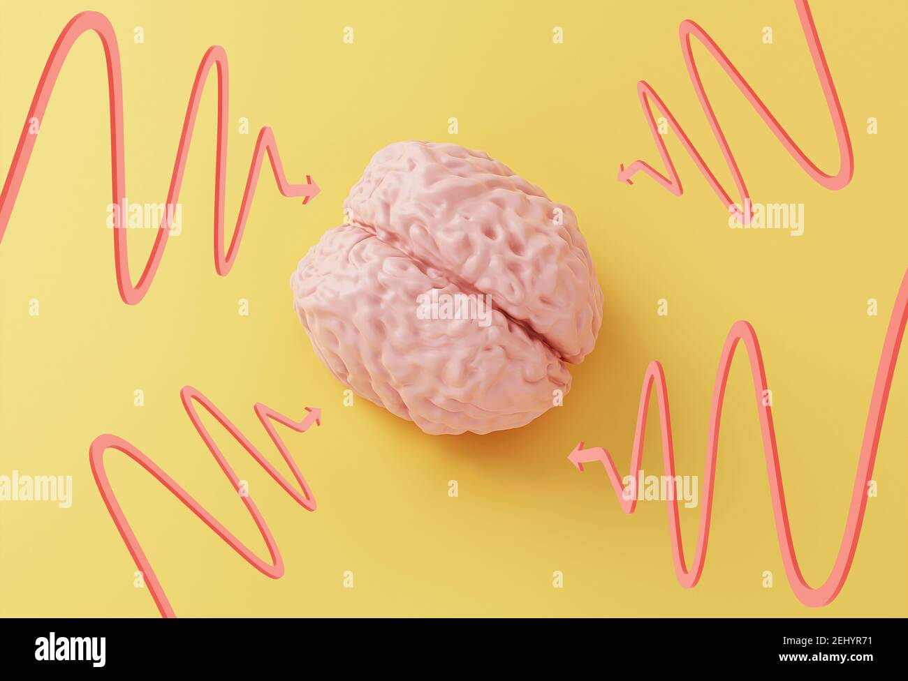 human pink brain model and arrows pointing to it on yellow background ...