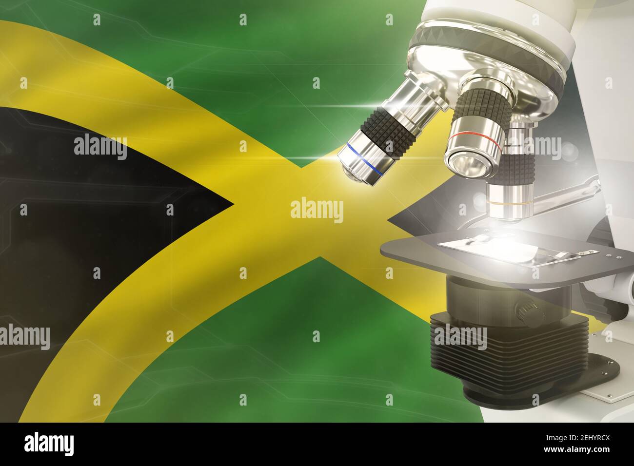 Microscope on Jamaica flag background - science development concept ...