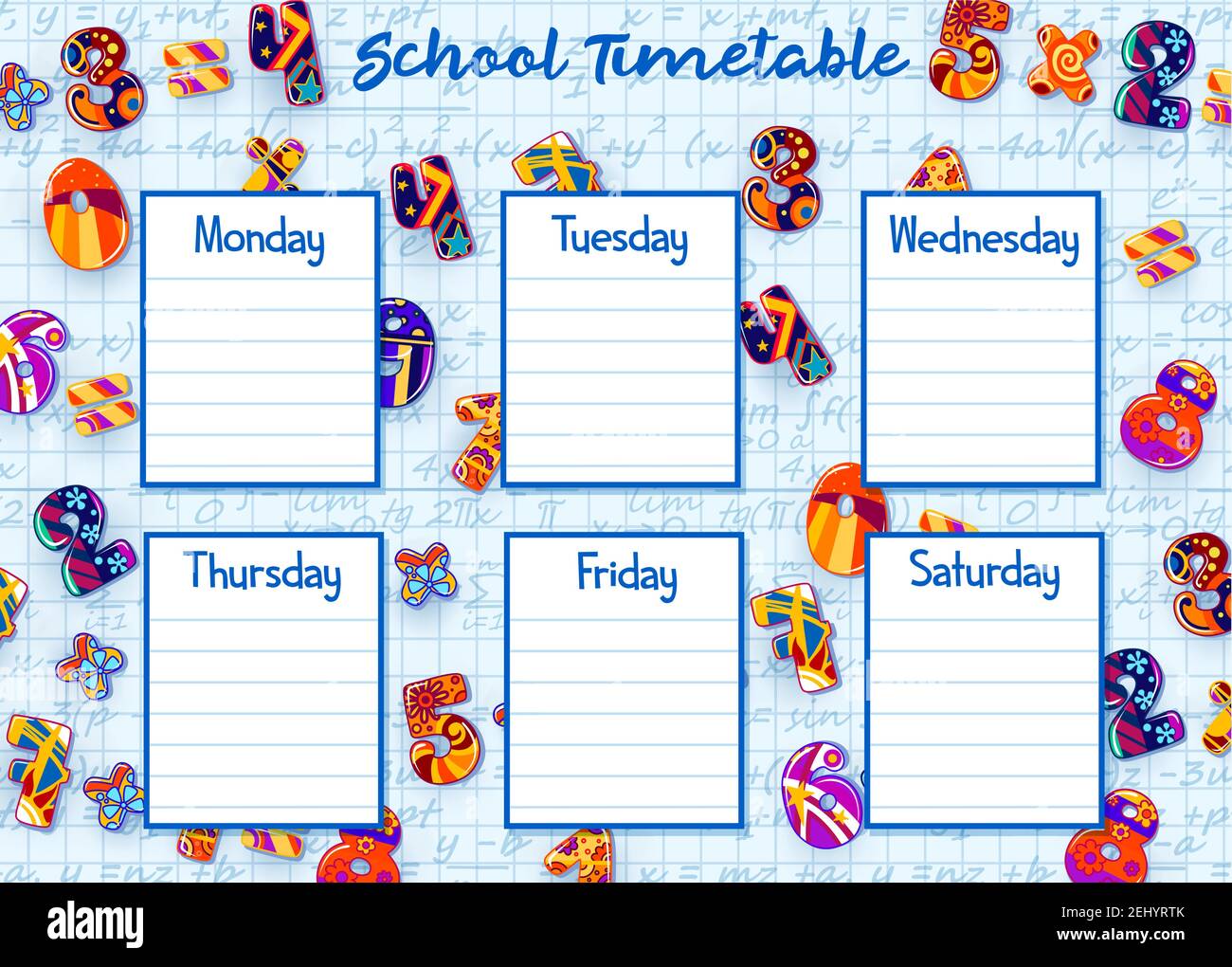 School timetable of weekly student schedule vector template. Lessons ...