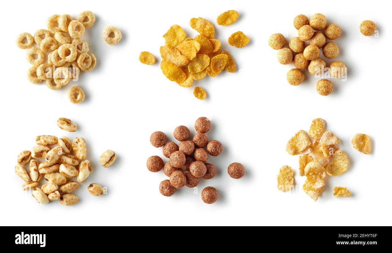 various breakfast sweet corn flakes isolated on white background, top ...
