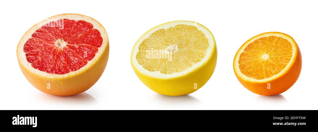 half of citrus fruits isolated on white background Stock Photo - Alamy