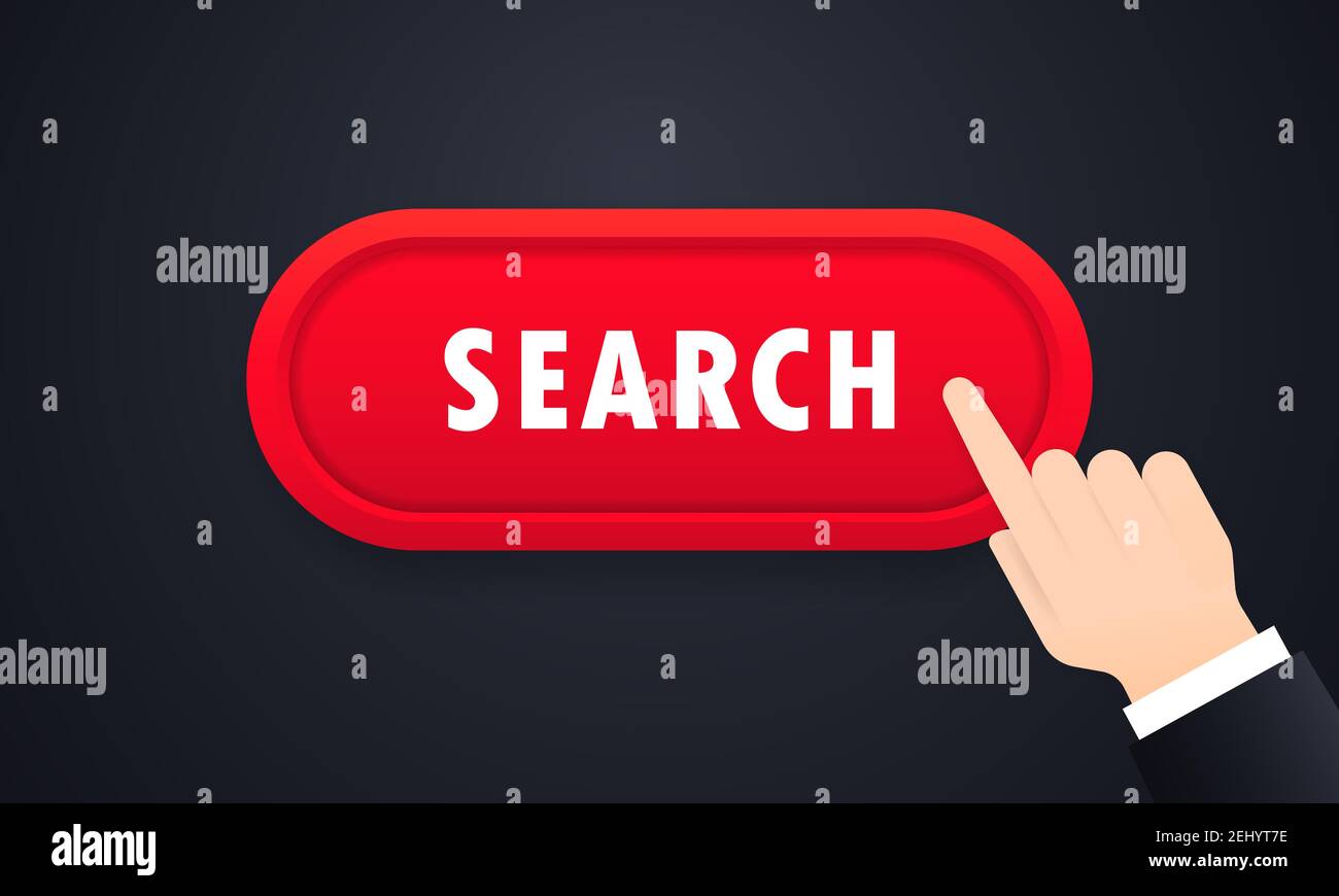 Search 3D button with hand pointer clicking. Hand push the button search. Register now button ...