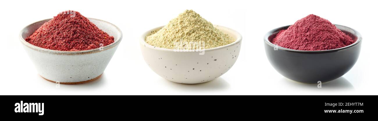 bowls of various dried plant powder isolated on white background Stock ...