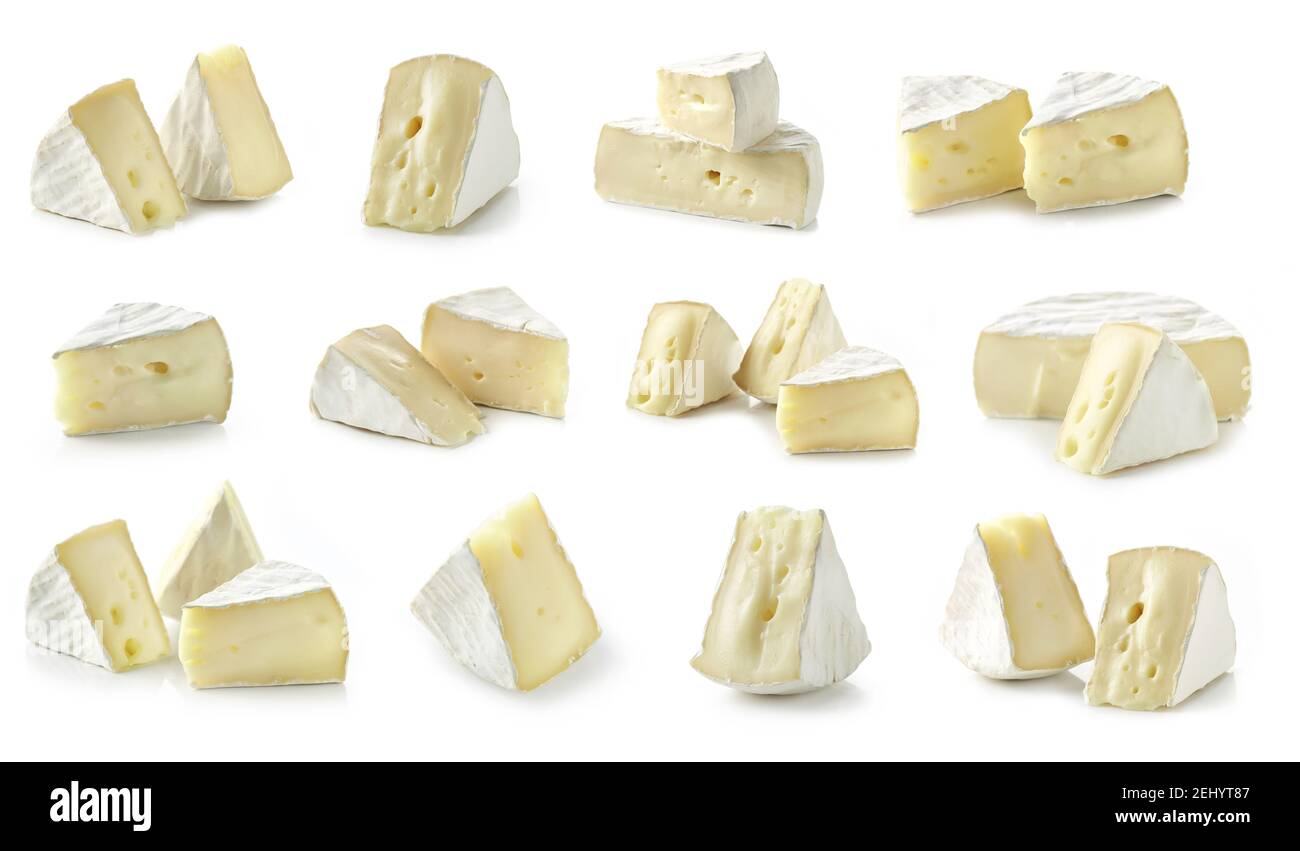 various pieces of fresh brie cheese isolated on white background Stock ...