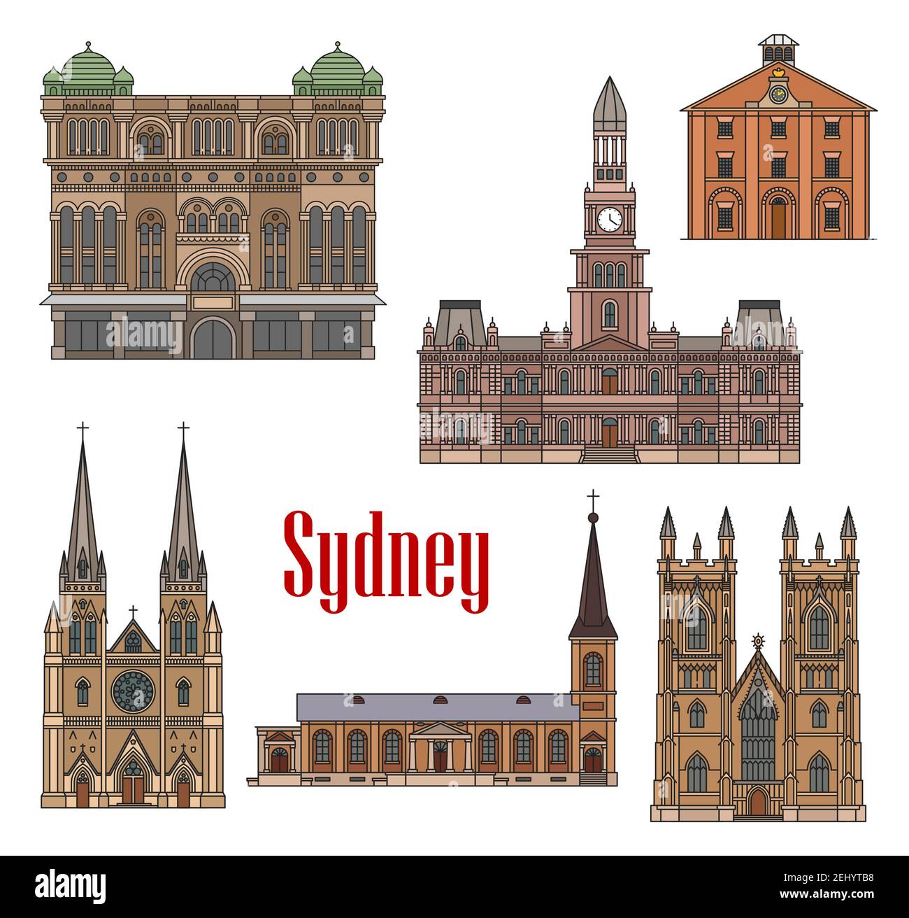 Sydney famous architecture buildings vector icons. Australia facades of ...